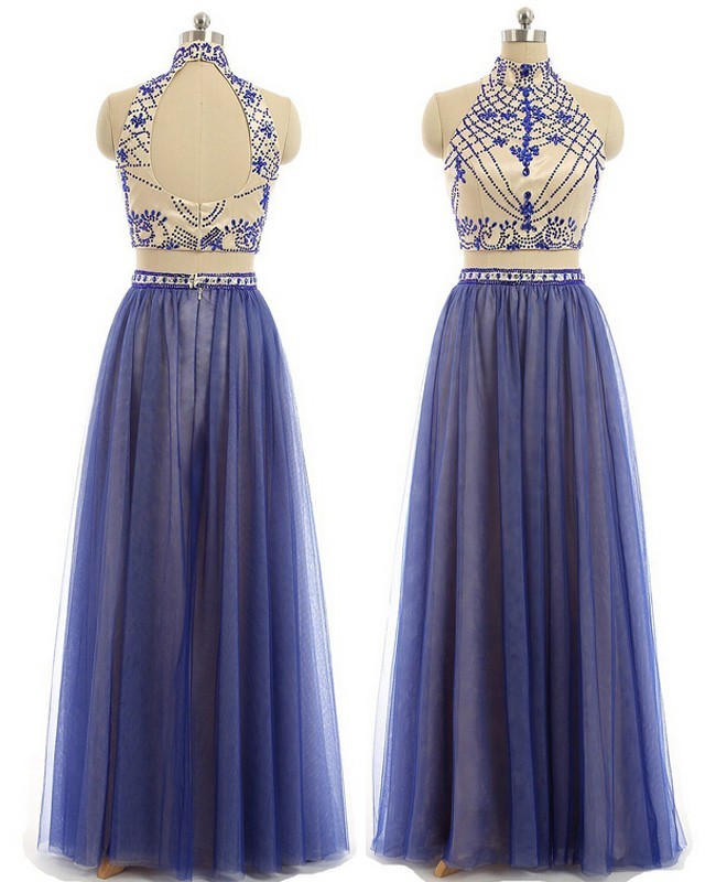 A Line High Neck Two Piece Nude Satin Royal Blue Tulle Beaded Prom Dress