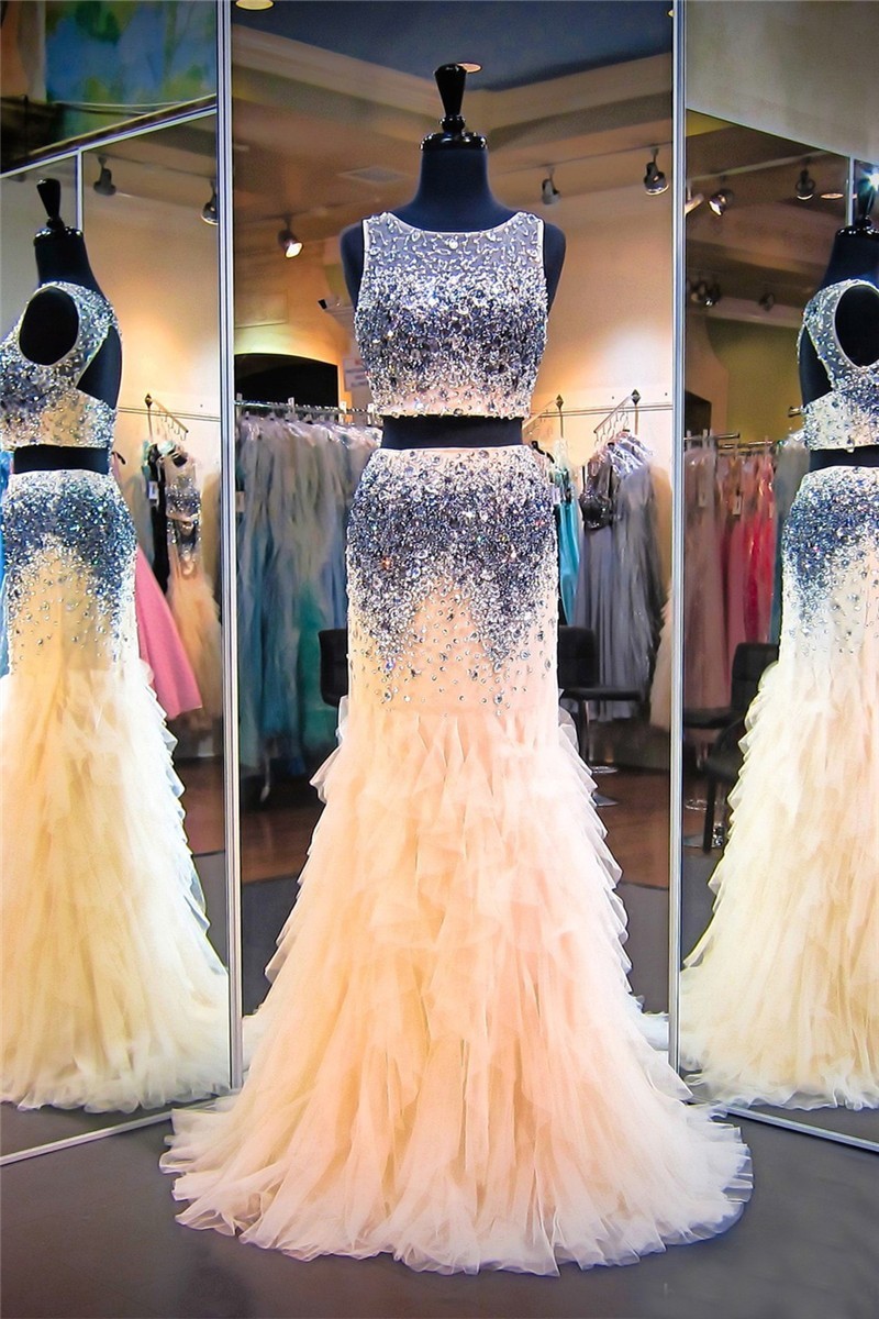 Mermaid Open Back Gold Tulle Ruffle Beaded Two Piece Prom Dress