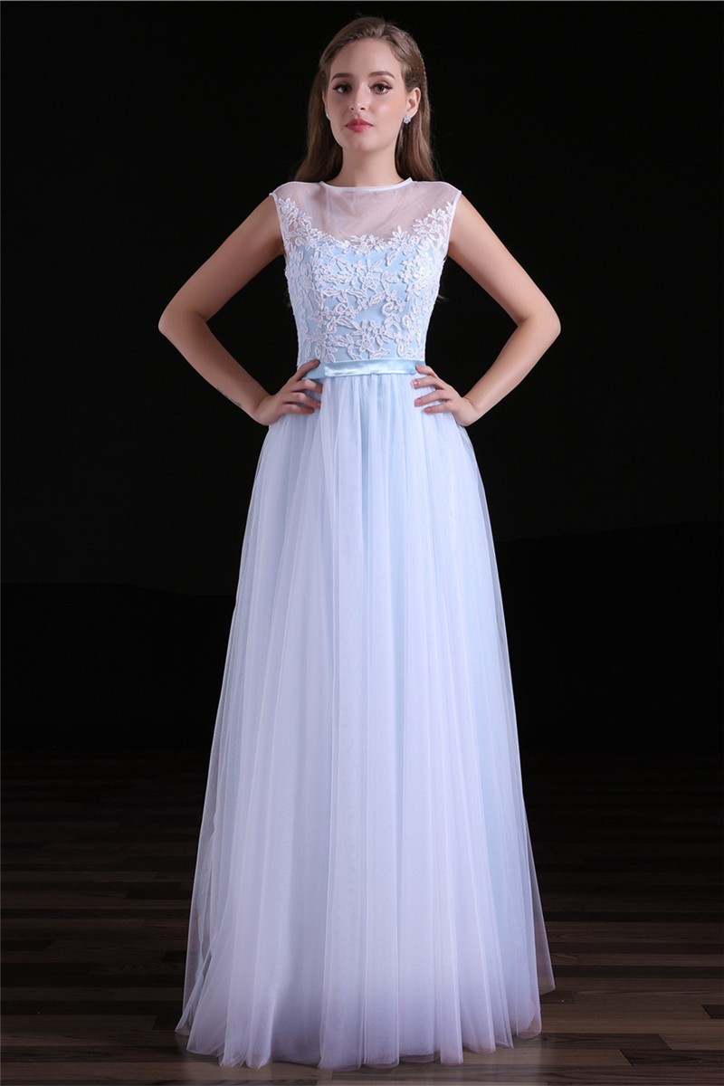 Sheath Sheer Neckline Light Blue Tulle Lace Prom Dress With Sash