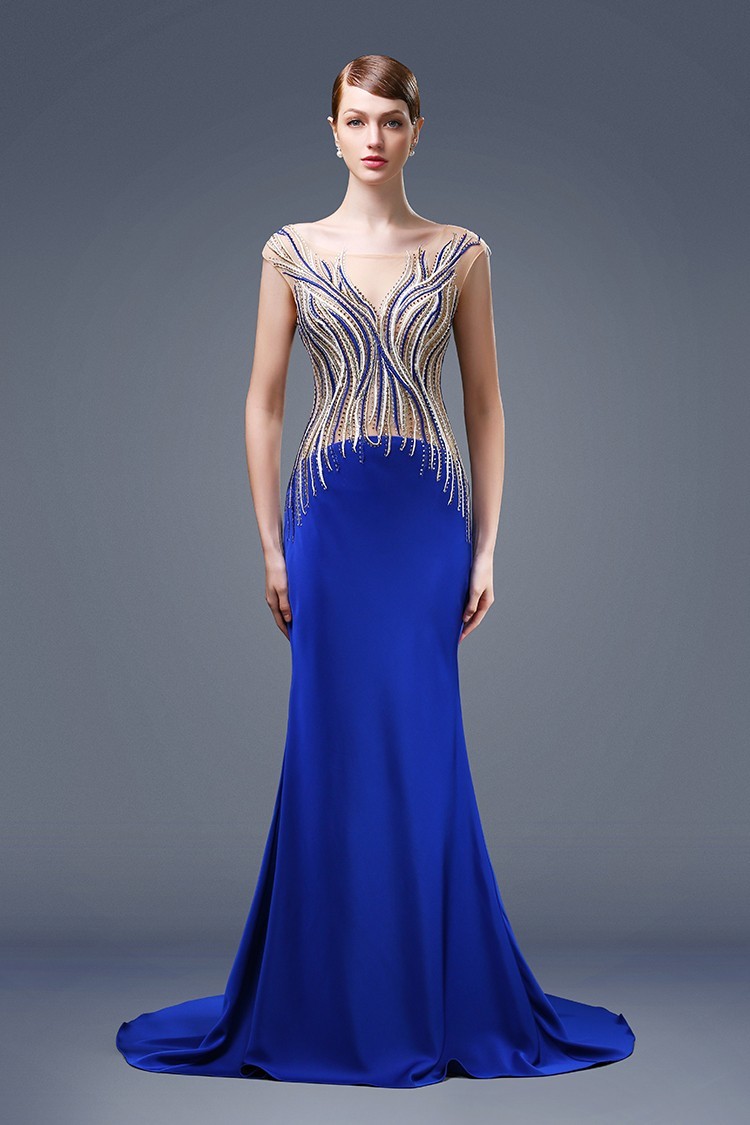 Unique Mermaid Bateau Neck Royal Blue Satin Beaded Special Occasion
