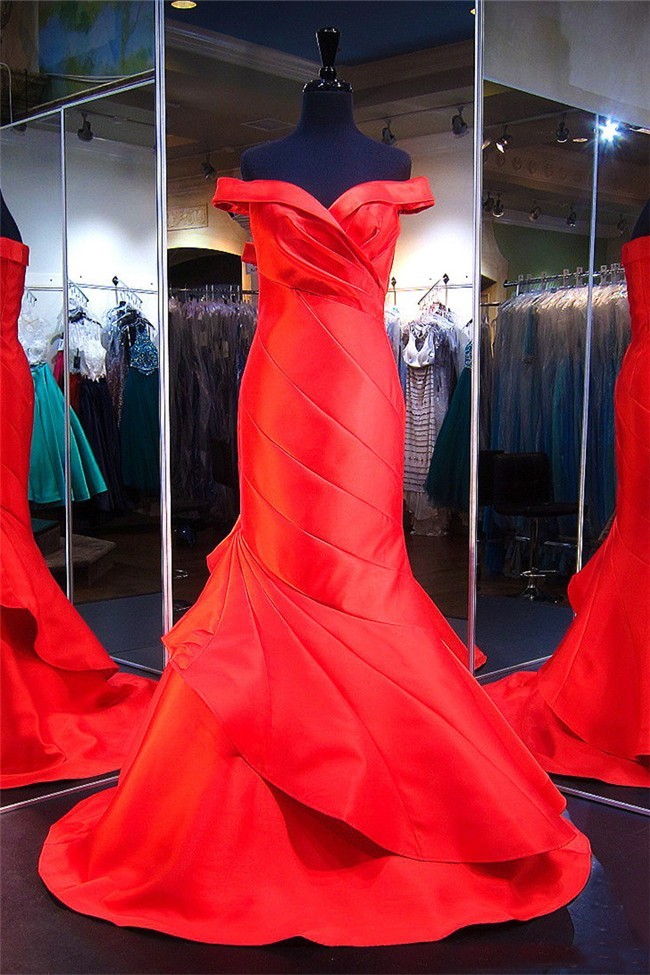 Unusual Mermaid Off The Shoulder Red Satin Ruched Evening Prom Dress
