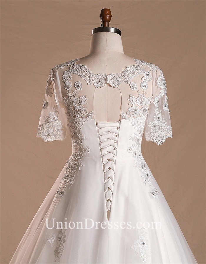 A Line V Neck Short Sleeve Tulle Lace Beaded Wedding Dress Keyhole