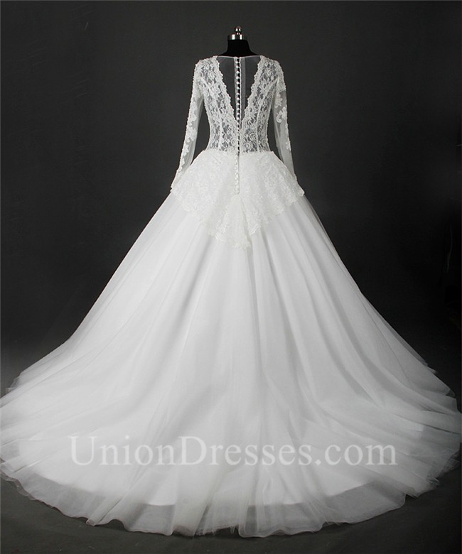 Ball Gown Illusion Neckline Long Sleeve Tulle Lace Peplum Wedding Dress