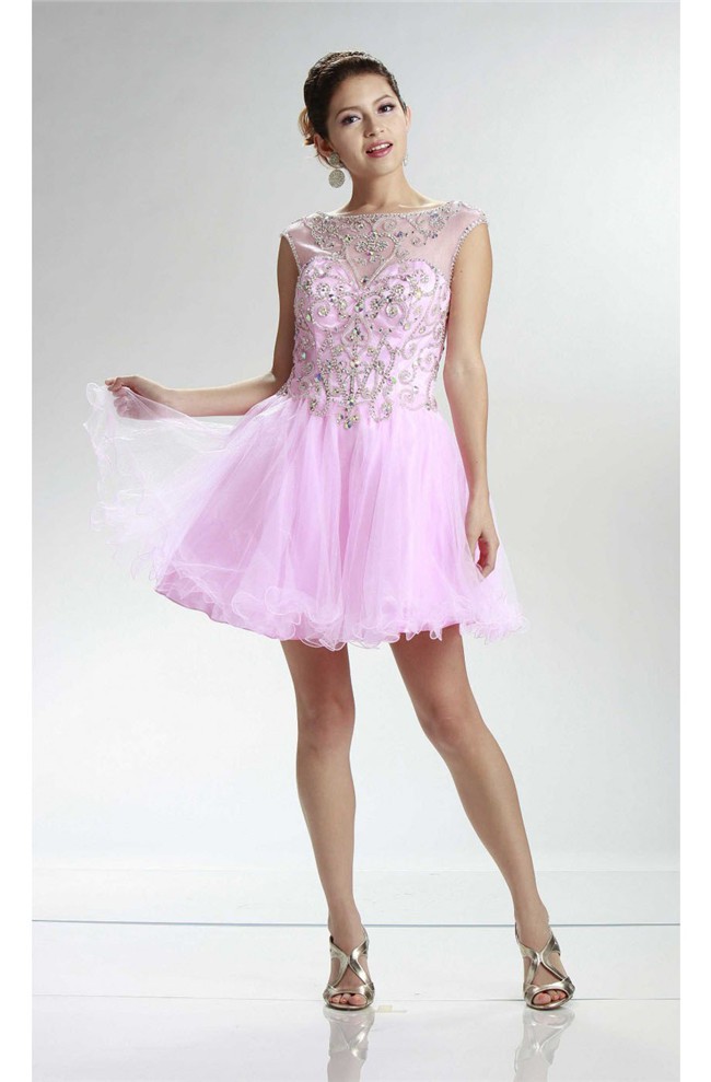 Cute Bateau Neckline Cap Sleeve Short Pink Tulle Beaded Cocktail Prom Dress