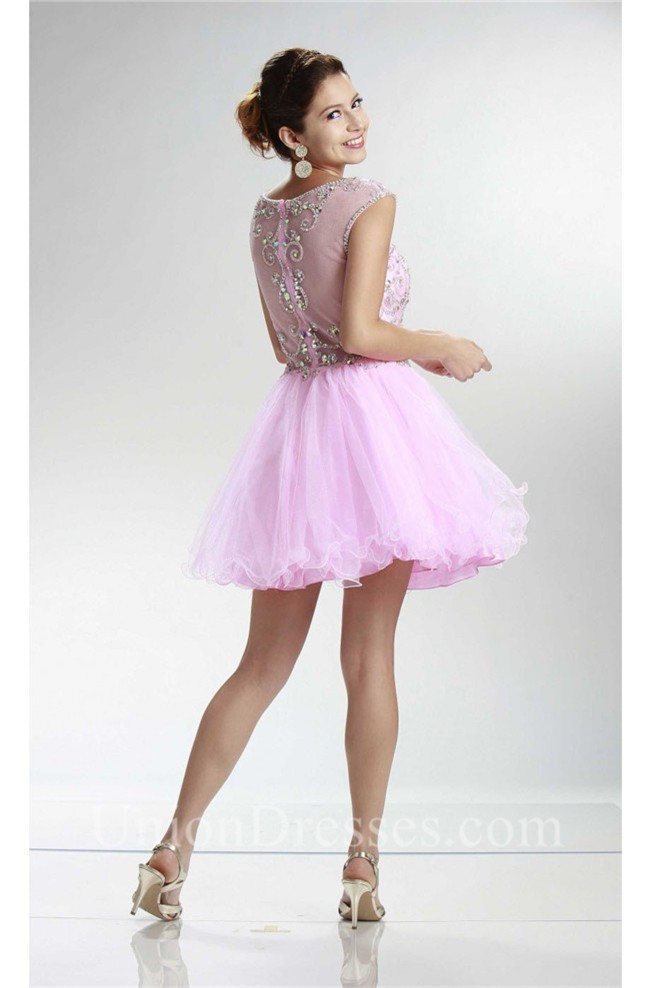 Cute Bateau Neckline Cap Sleeve Short Pink Tulle Beaded Cocktail Prom Dress