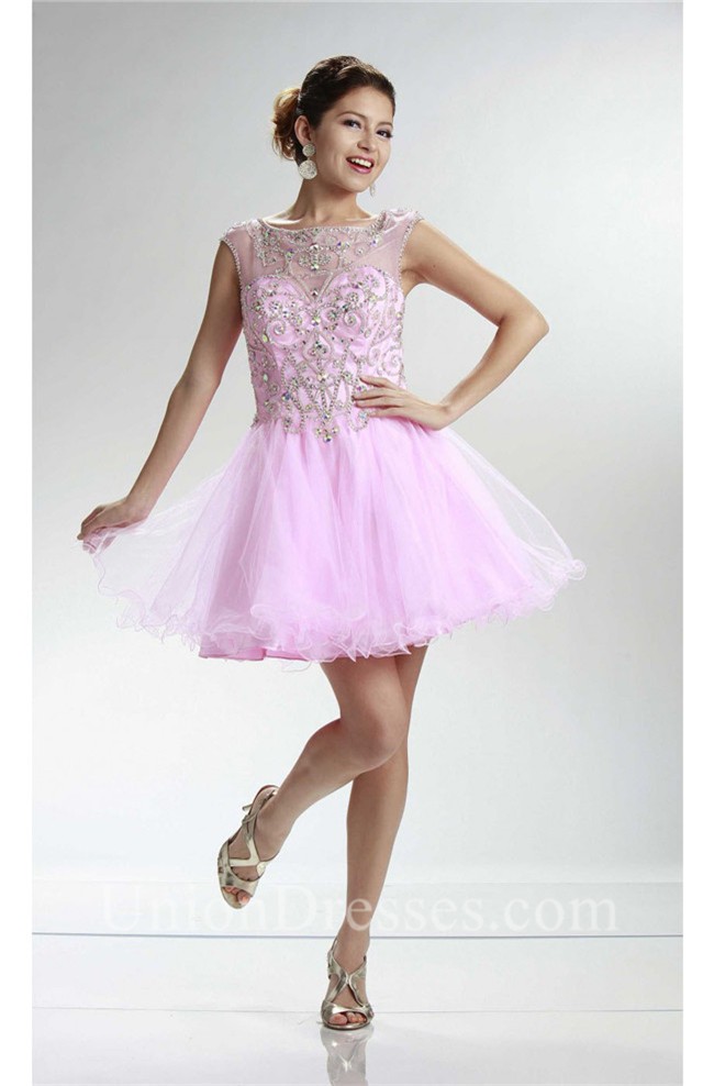Cute Bateau Neckline Cap Sleeve Short Pink Tulle Beaded Cocktail Prom Dress