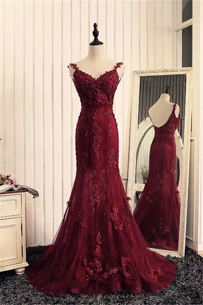 Mermaid Sweetheart Open Back Burgundy Lace Beaded Prom Dress With Straps