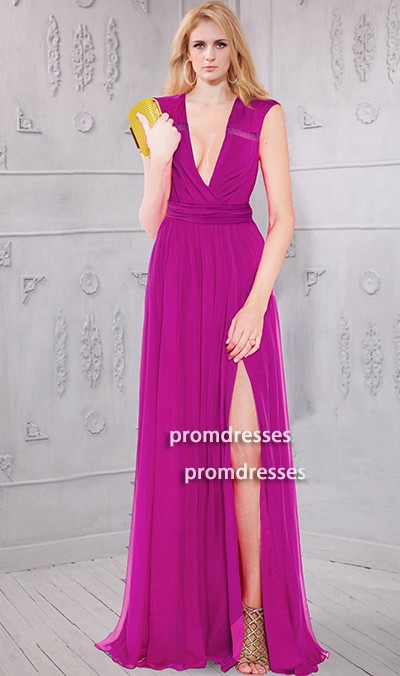 Sexy Deep V Neck High Slit Long Fuchsia Chiffon Evening Prom Dress