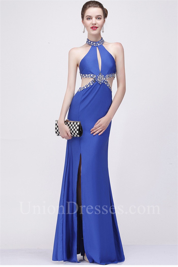 Sexy Front Cut Out Backless High Slit Royal Blue Chiffon Beaded Evening