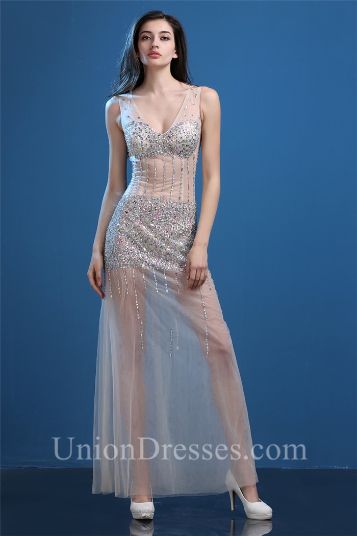 Sexy V Neck Open Back Ivory Tulle Beaded See Through Prom Dress