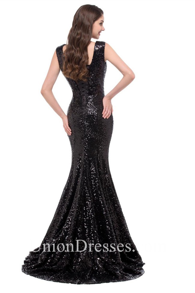 Simple Mermaid Deep V Neck Sleeveless Black Sequin Prom Dress Corset Back