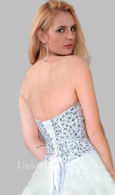Stunning Strapless Short Mini White Feather Beaded Cocktail Prom Dress