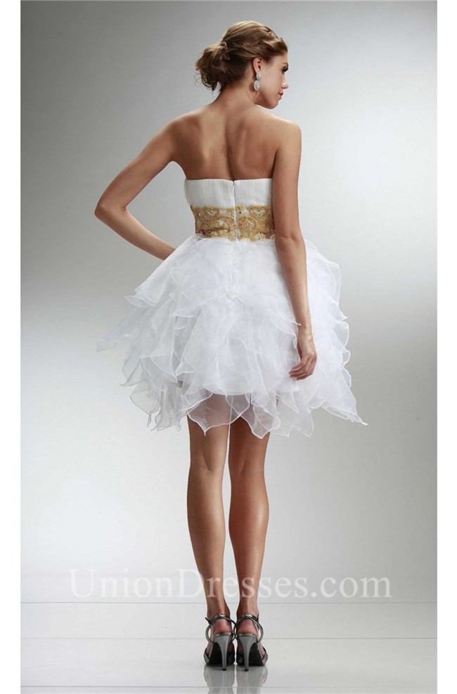 Stunning Strapless Short White Organza Ruffle Gold Beaded Cocktail Prom