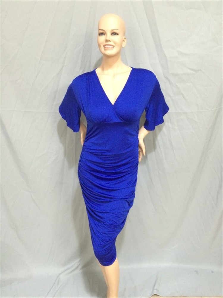 V Neck Tea Length Dark Green Spandex Ruched Plus Size Women Dress With