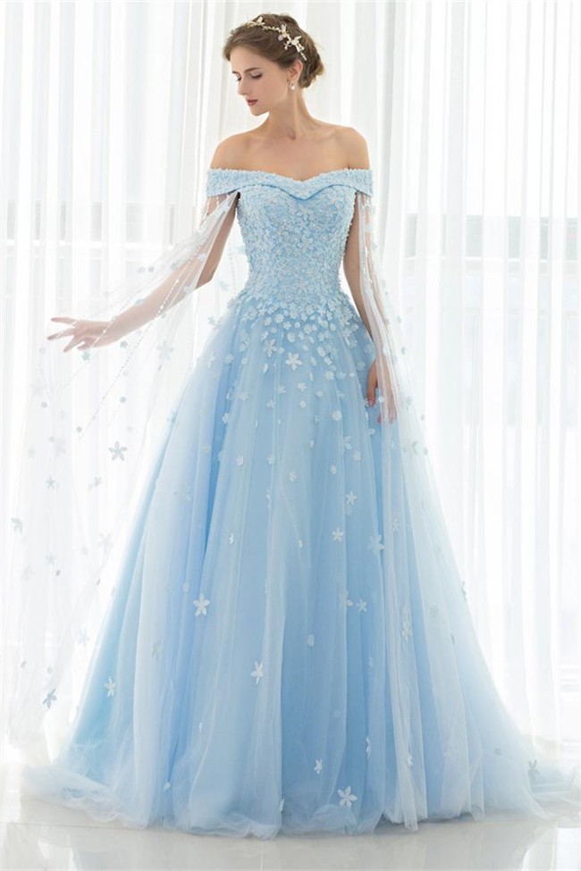 Fantastic Ball Gown Off The Shoulder Light Blue Tulle Floral Beaded ... Fantastic Ball Gown Off The Shoulder Light Blue Tulle Floral Beaded ...