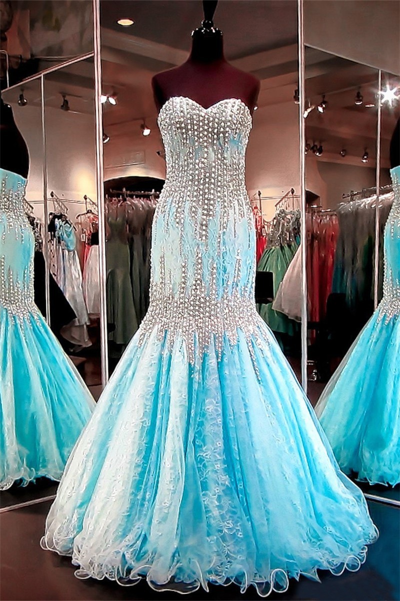 Stunning Mermaid Sweetheart Turquoise Tulle Pearl Beaded Prom Dress