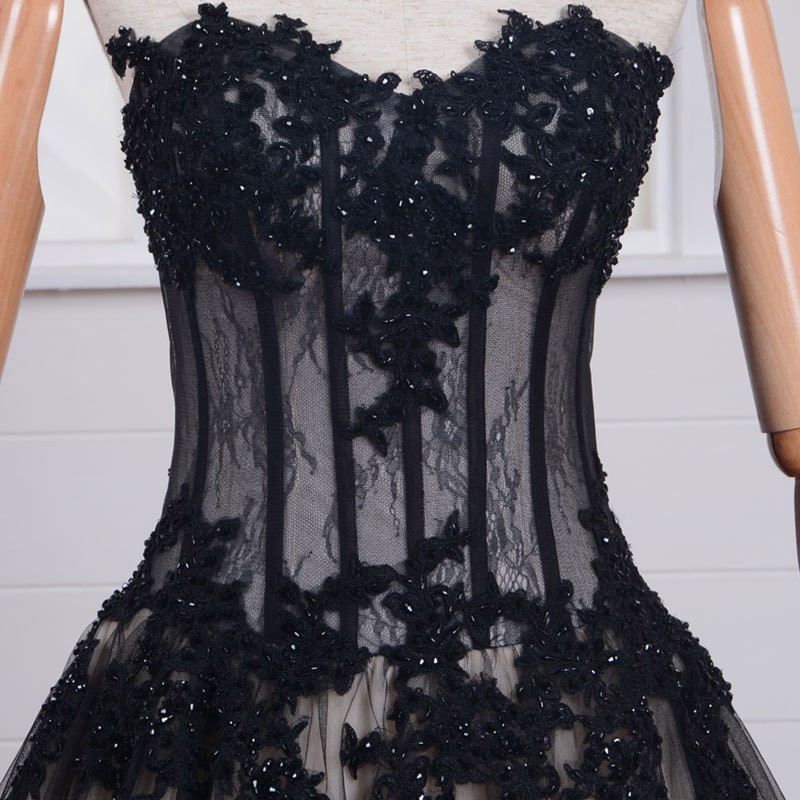 Ball Gown Strapless See Through Black Tulle Lace Beaded Corset Prom Dress