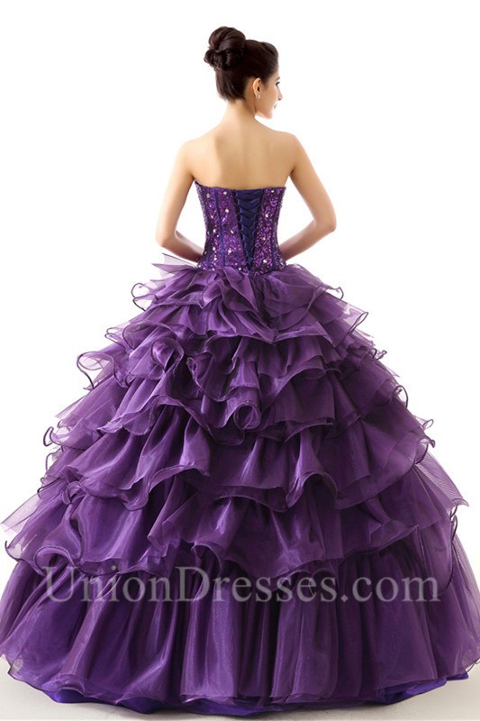Ball Gown Sweetheart Purple Organza Ruffle Tiered Prom Dress Corset Back