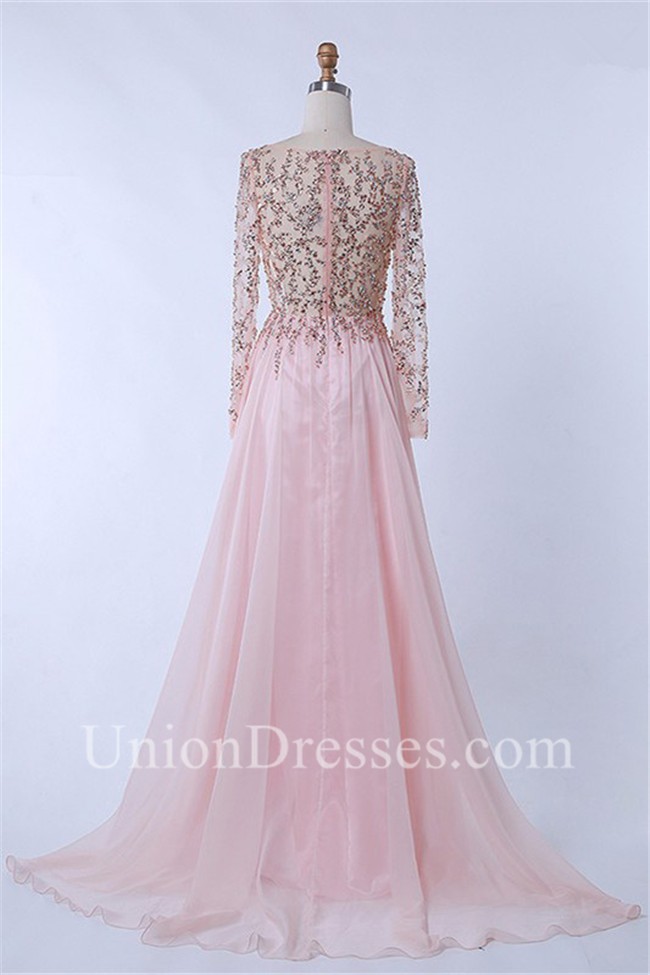 Elegant Sheer Long Sleeve Light Pink Chiffon Tulle Beaded Prom Dress