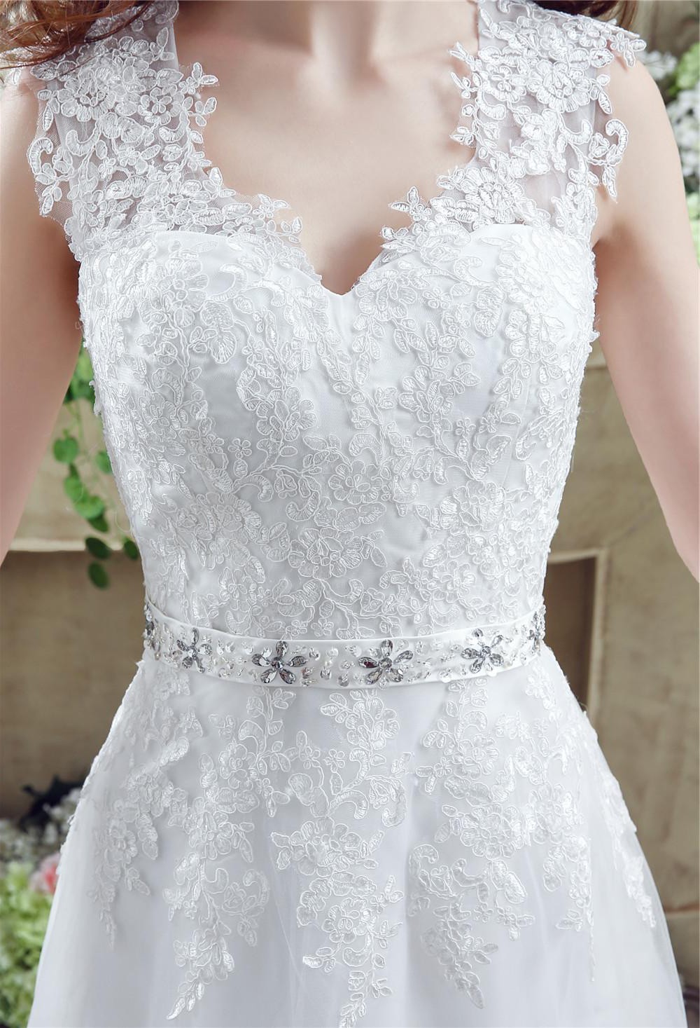 Modest A Line V Neck Full Back Tulle Lace Applique Wedding Dress With