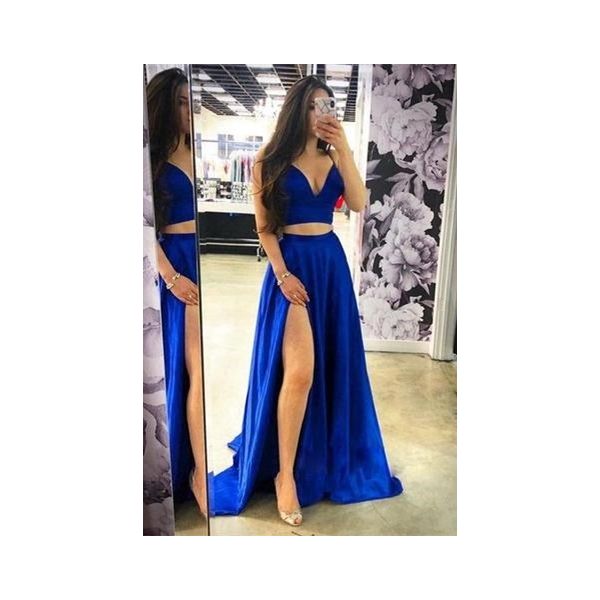 Sexy Two Piece A Line V Neck Side Slit Royal Blue Prom Party Dress