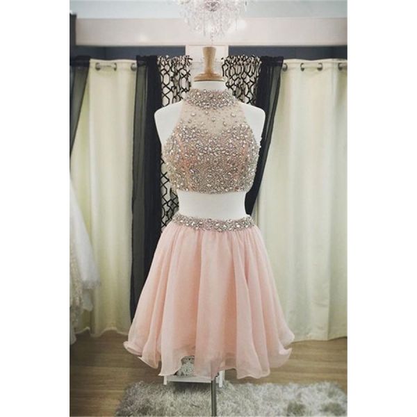 A Line Halter Short Blush Pink Tulle Beaded Two Piece Prom Dress