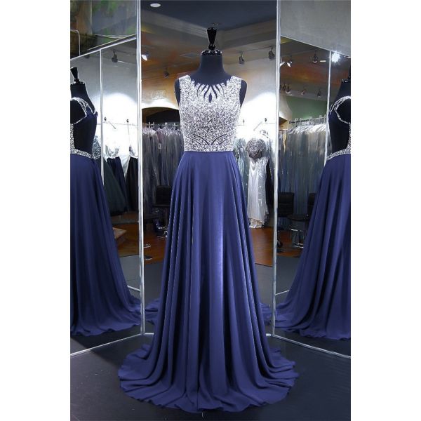 A Line Open Back Sleeveless Long Navy Blue Chiffon Beaded Prom Dress