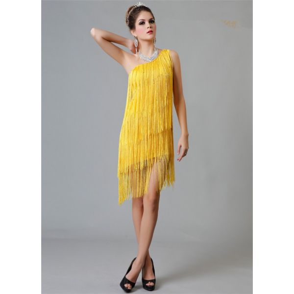 Elegant One Shoulder Short Yellow Fringe Party Prom Dress