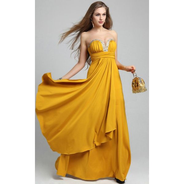 Flowing Sweetheart Long Gold Chiffon Beaded Prom Dress With Draping
