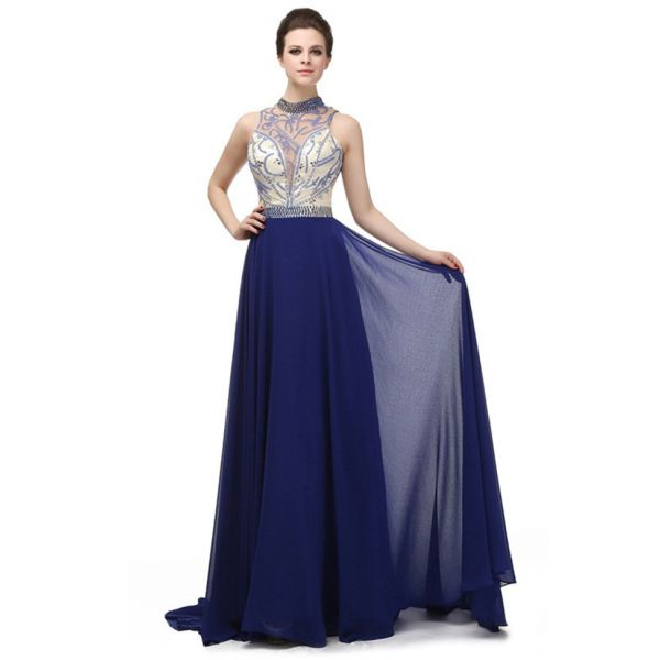 Formal High Neck Open Back Long Navy Blue Chiffon Beaded Occaion Prom Dress