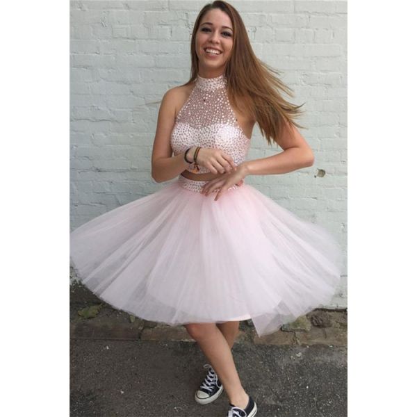 Gorgeous Tutu Halter Two Piece Short Blush Pink Tulle Beaded Prom Dress