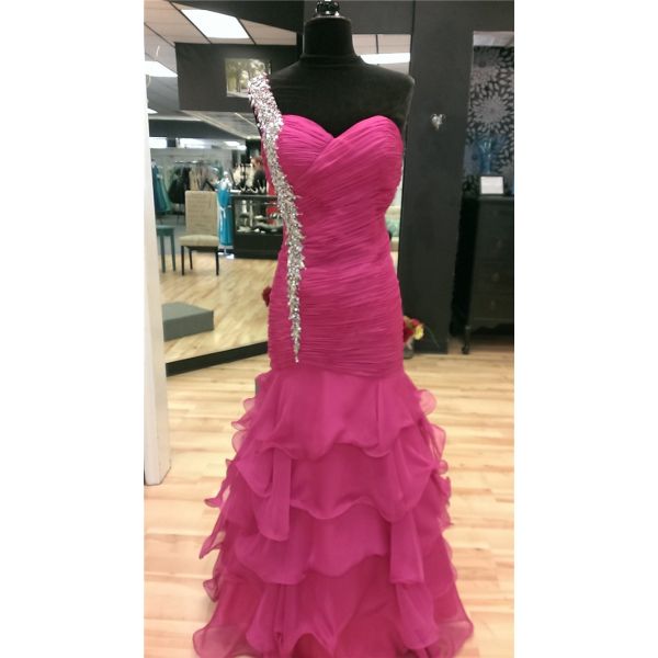 Mermaid One Shoulder Backless Hot Pink Organza Ruffle Tiered Prom Dress