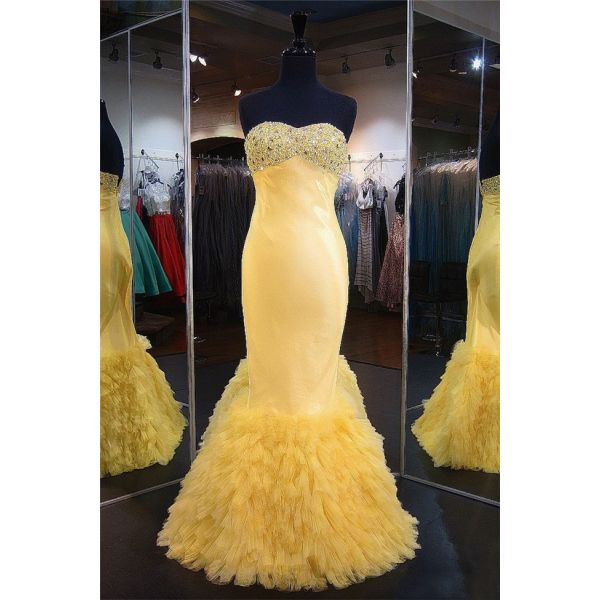 Mermaid Sweetheart Yellow Satin Tulle Ruffle Prom Dress