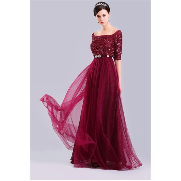 Sexy Off The Shoulder Half Sleeve Burgundy Tulle Sequin Prom Dress With Sash
