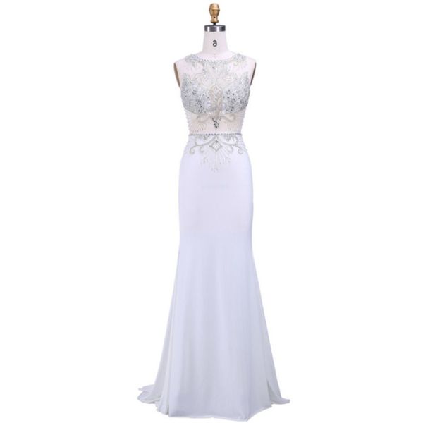 Sparkly Sleeveless Long White Chiffon Tulle Beaded See Through Prom Dress