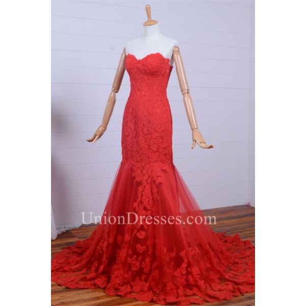Elegant Mermaid Sweetheart Beaded Red Lace Prom Evening Dress