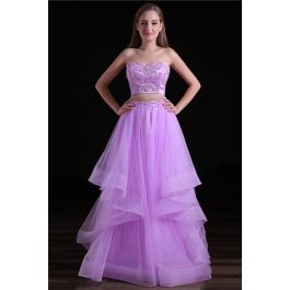 Elegant Sweetheart Two Piece Long Lilac Tulle Ruffle Prom Dress