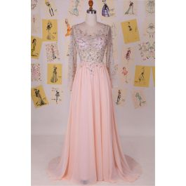 Illusion Neckline Blush Pink Chiffon Tulle Beaded See Through Long Sleeve Prom Dress